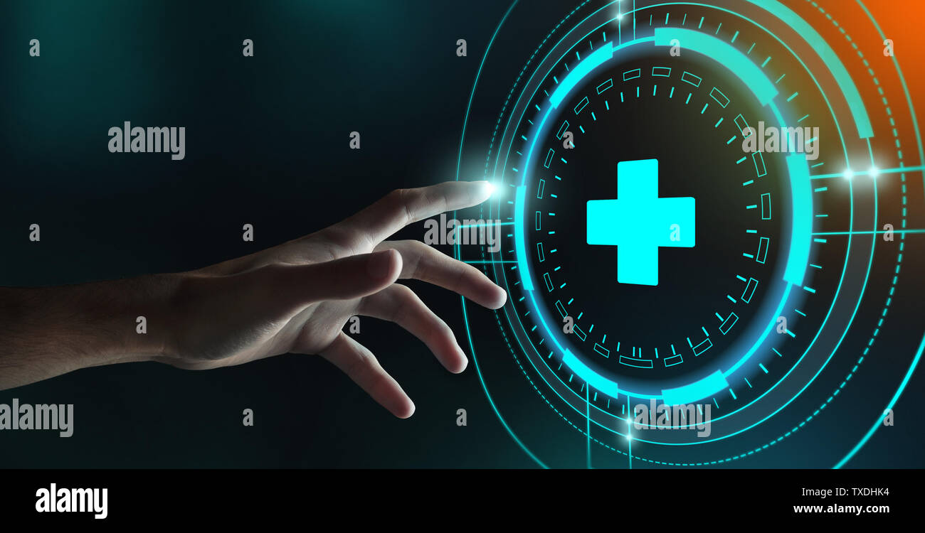 Medicine Concept. Man Pushing Button With Plus Icon, Panorama Stock ...
