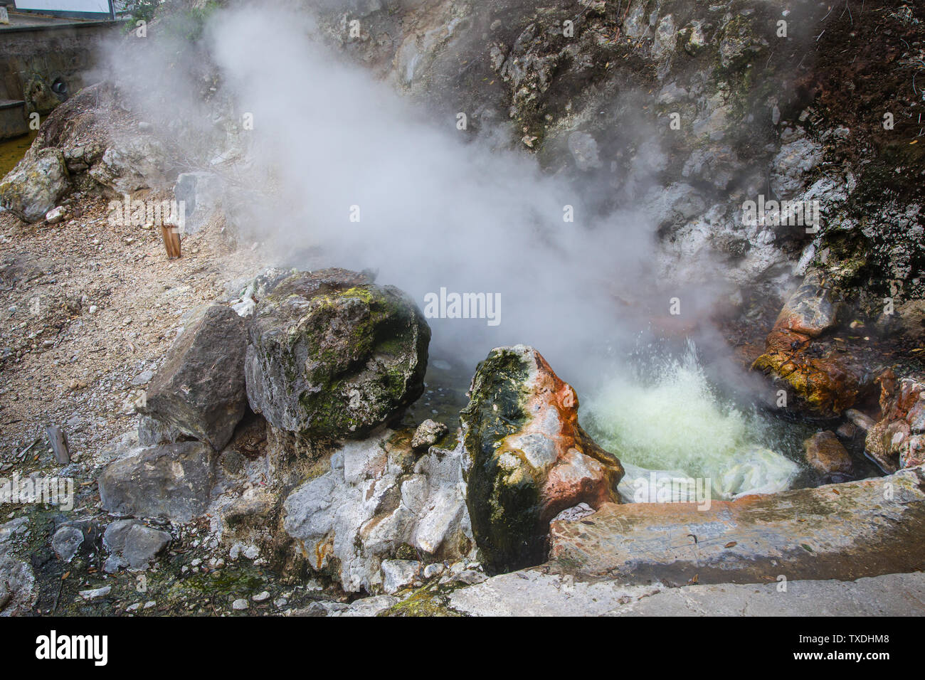 Volcanic eruption of hot steam in the town Furnas, Sao Miguel island ...