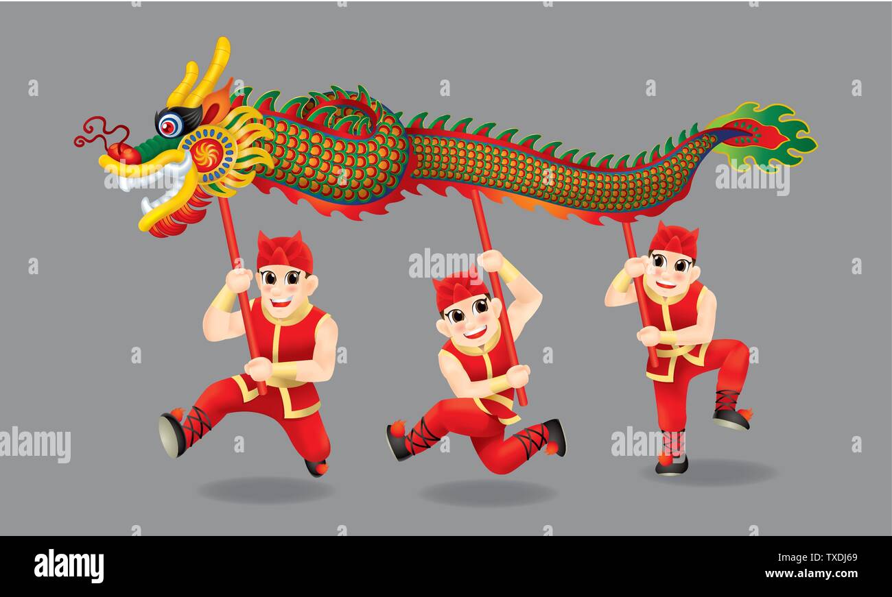 Men performing traditional Chinese dragon dance. With different posts ...