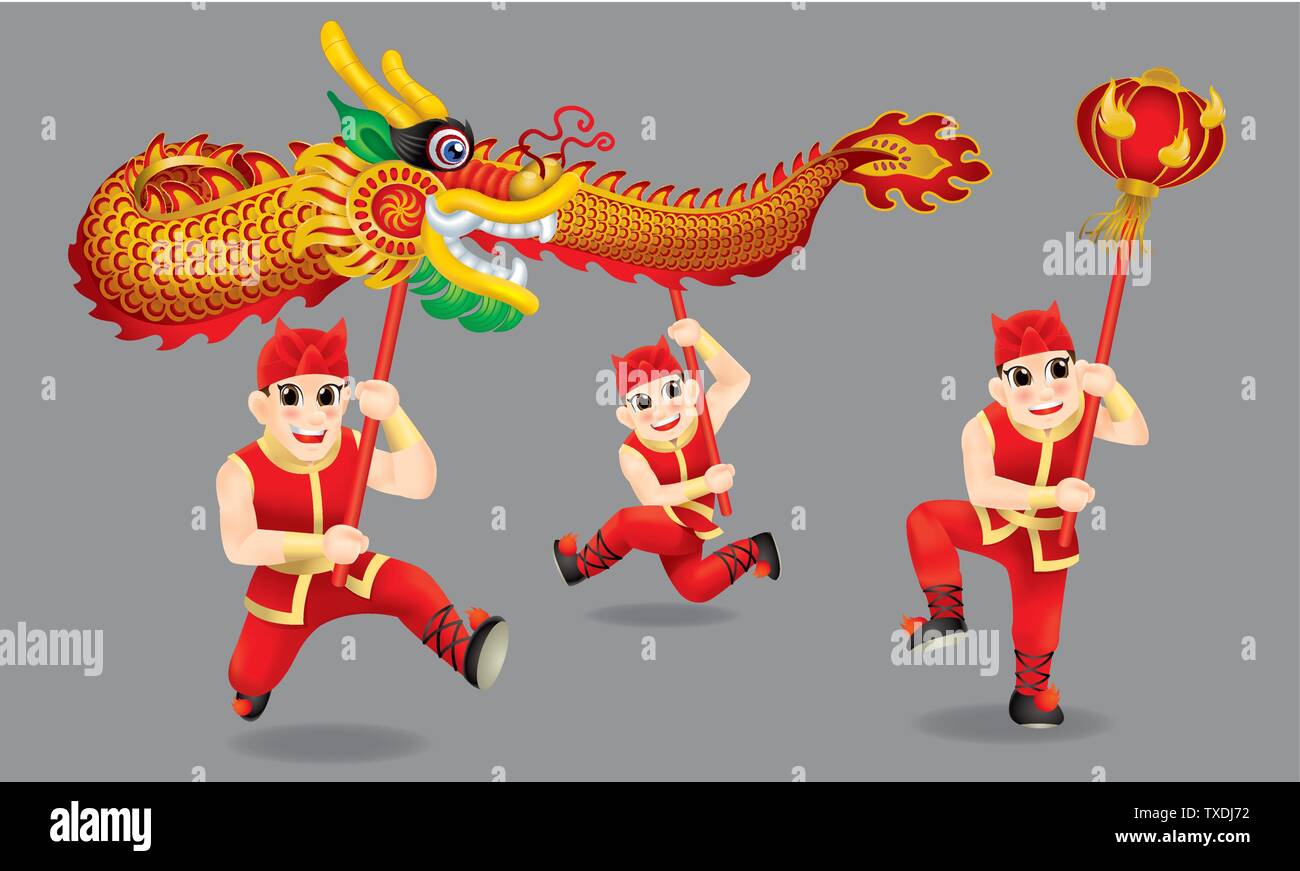Men performing traditional Chinese dragon dance. With different posts ...