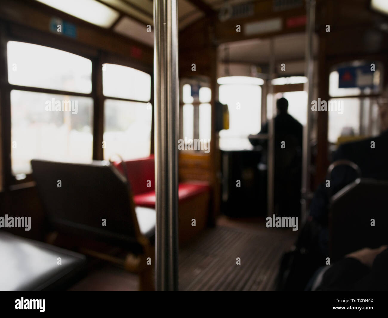 inside view of the famous empty tram 28, tourist destination par ...