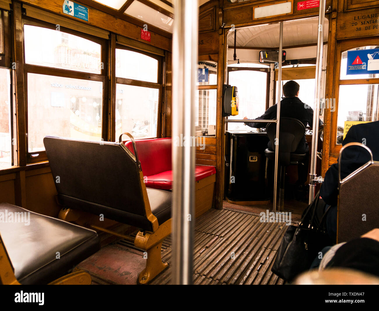 inside view of the famous empty tram 28, tourist destination par ...