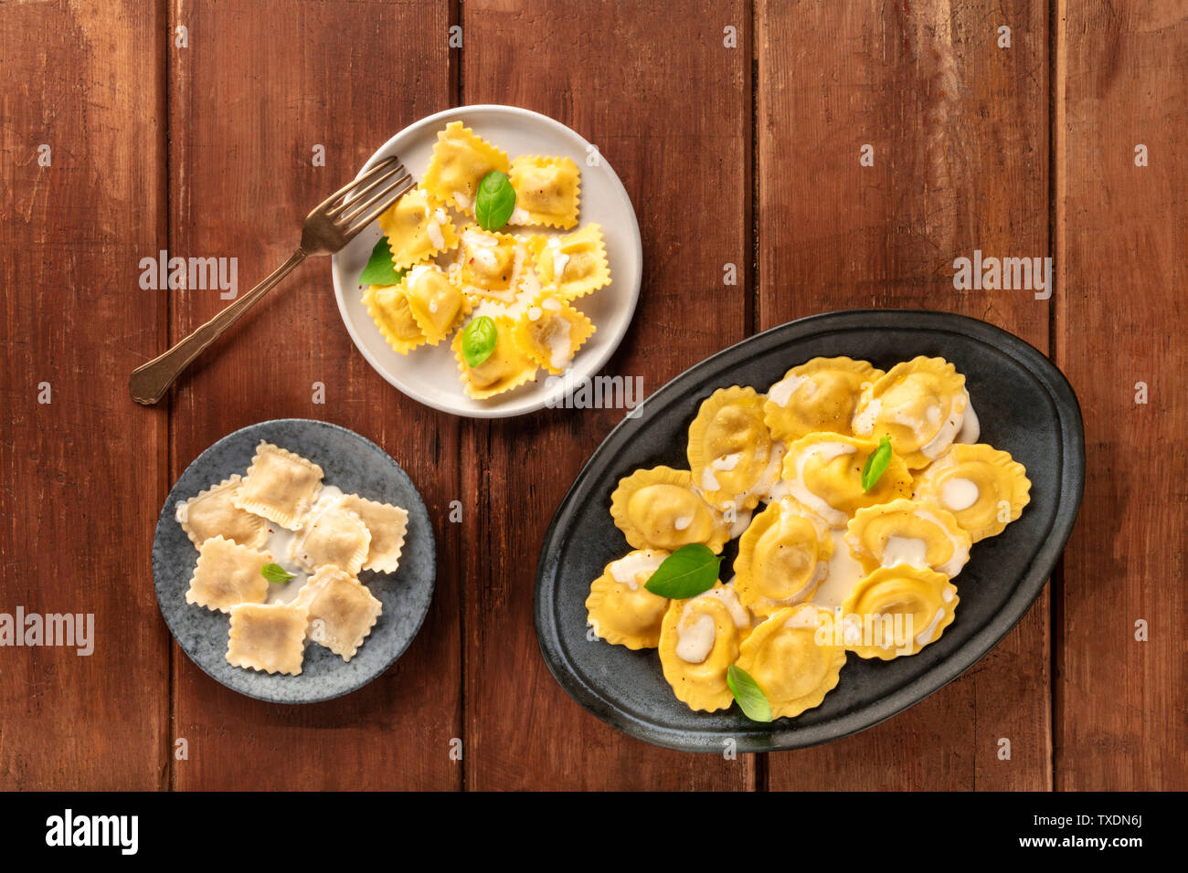 Italian Food. An assortment of various ravioli, shot from above on a ...