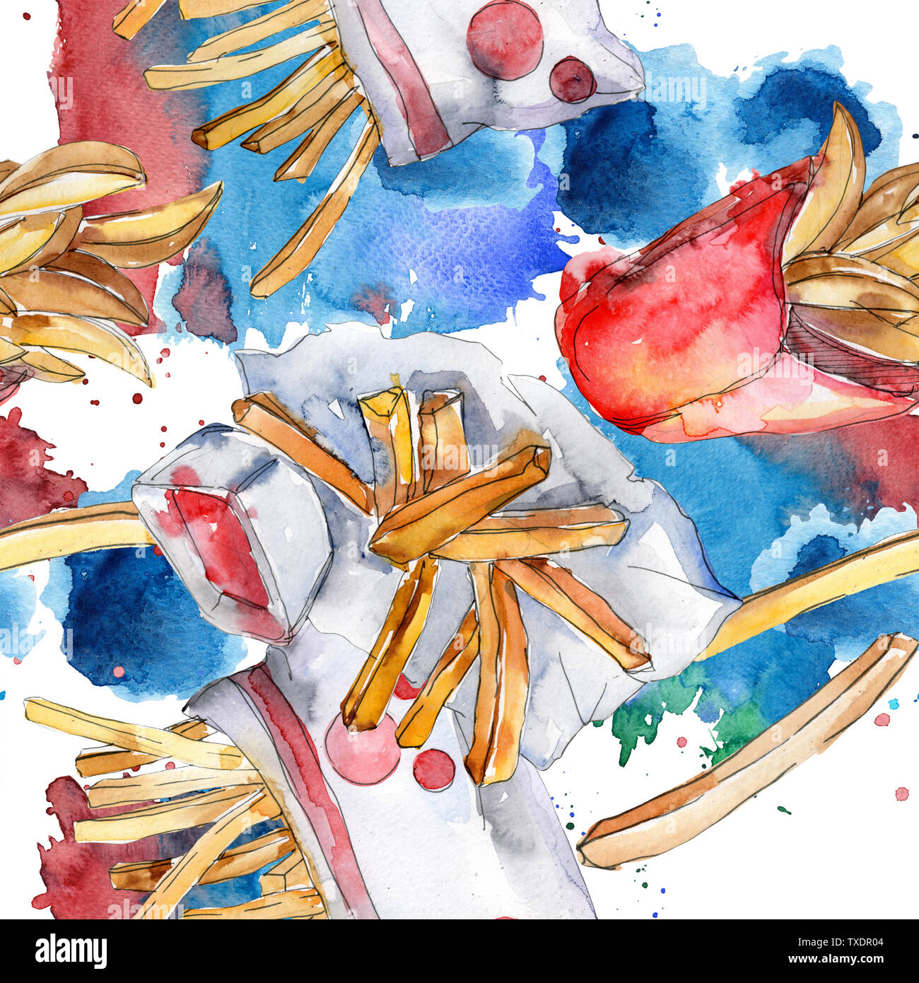 Fast food french fries tasty food. Watercolor background illustration ...