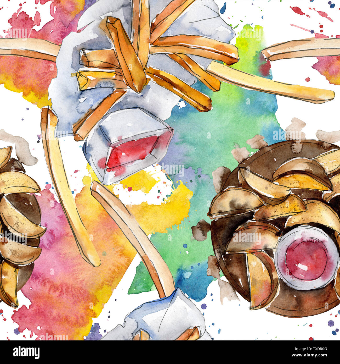 Fast food french fries tasty food. Watercolor background illustration ...