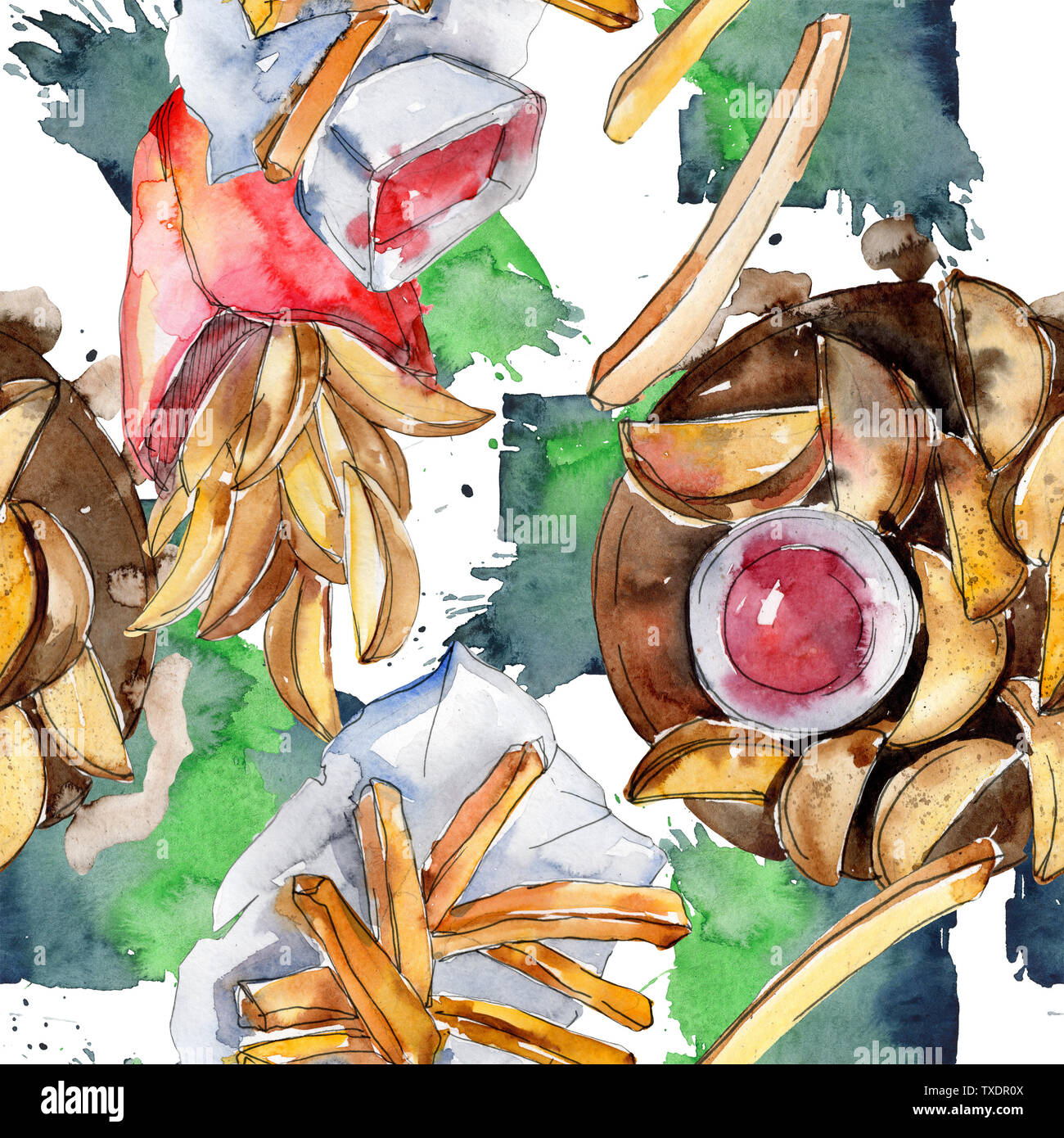 Fast food french fries tasty food. Watercolor background illustration ...