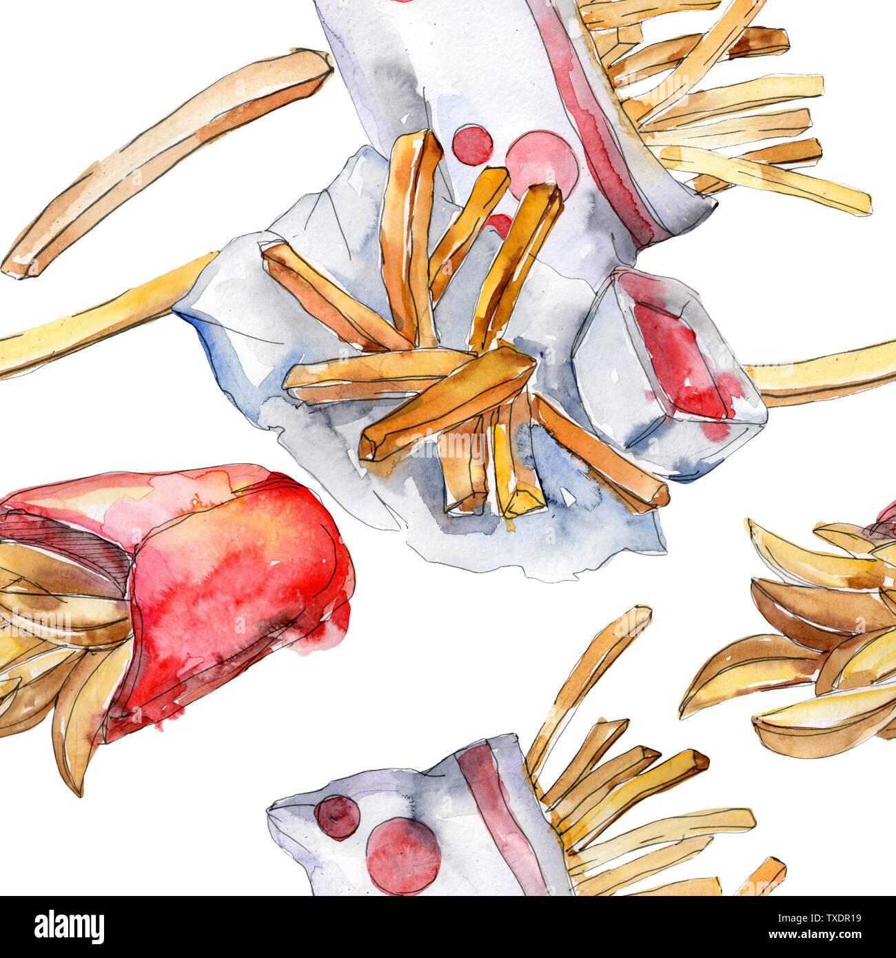 Fast food french fries tasty food. Watercolor background illustration ...
