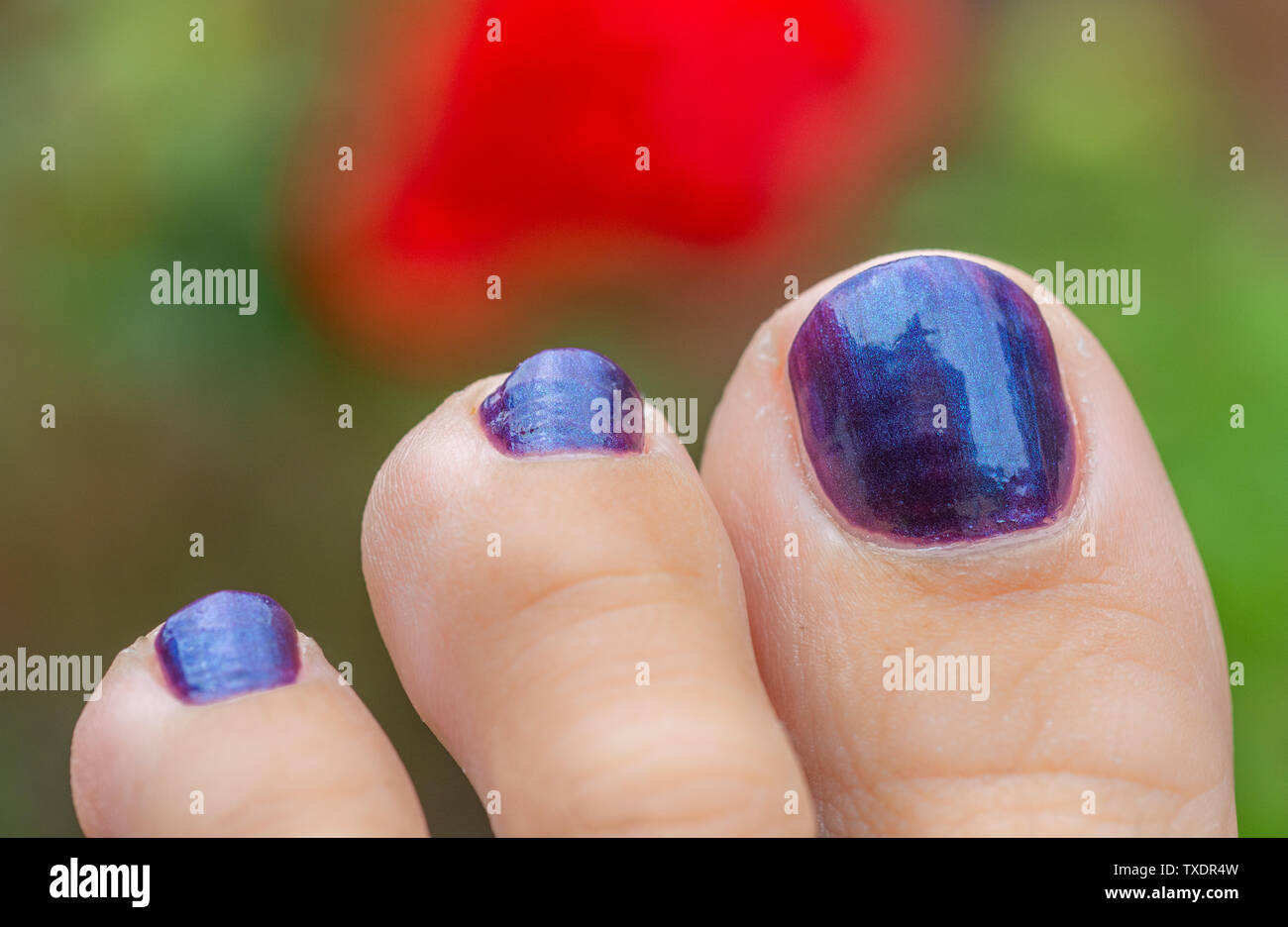 Toenails painter blue pointing up outdoors Stock Photo - Alamy