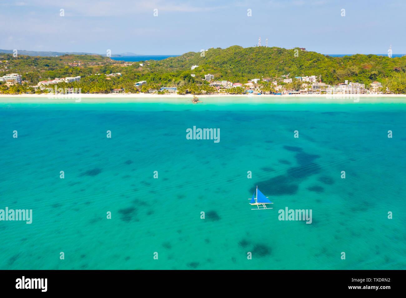 Island Boracay, Philippines, view from above. White beach with palm ...