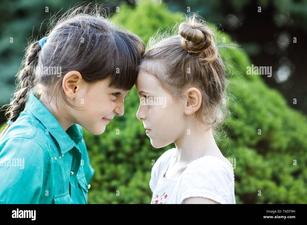 Two cute girls emotionally spend time in the nature. Girls of school ...