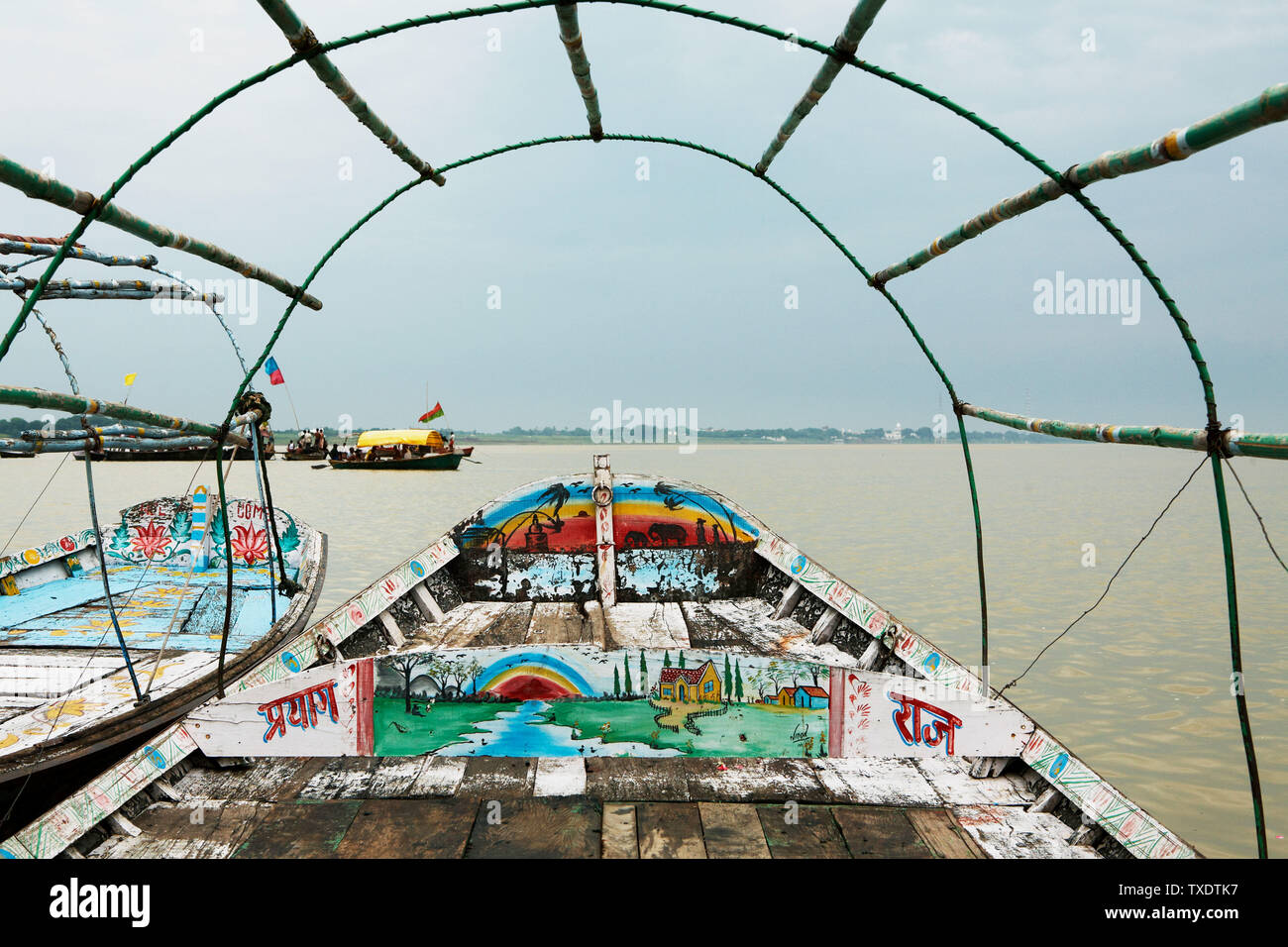 Boat painted with Prayag Raj in river, Uttar Pradesh, India, Asia Stock ...