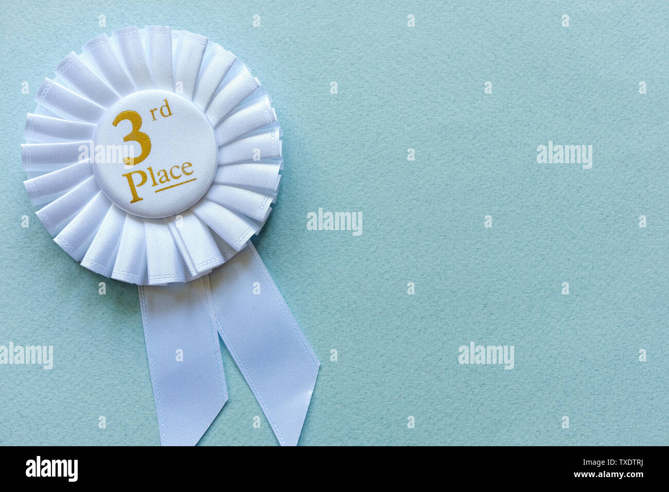 3rd Place white ribbon rosette with gold text for a competition runner ...