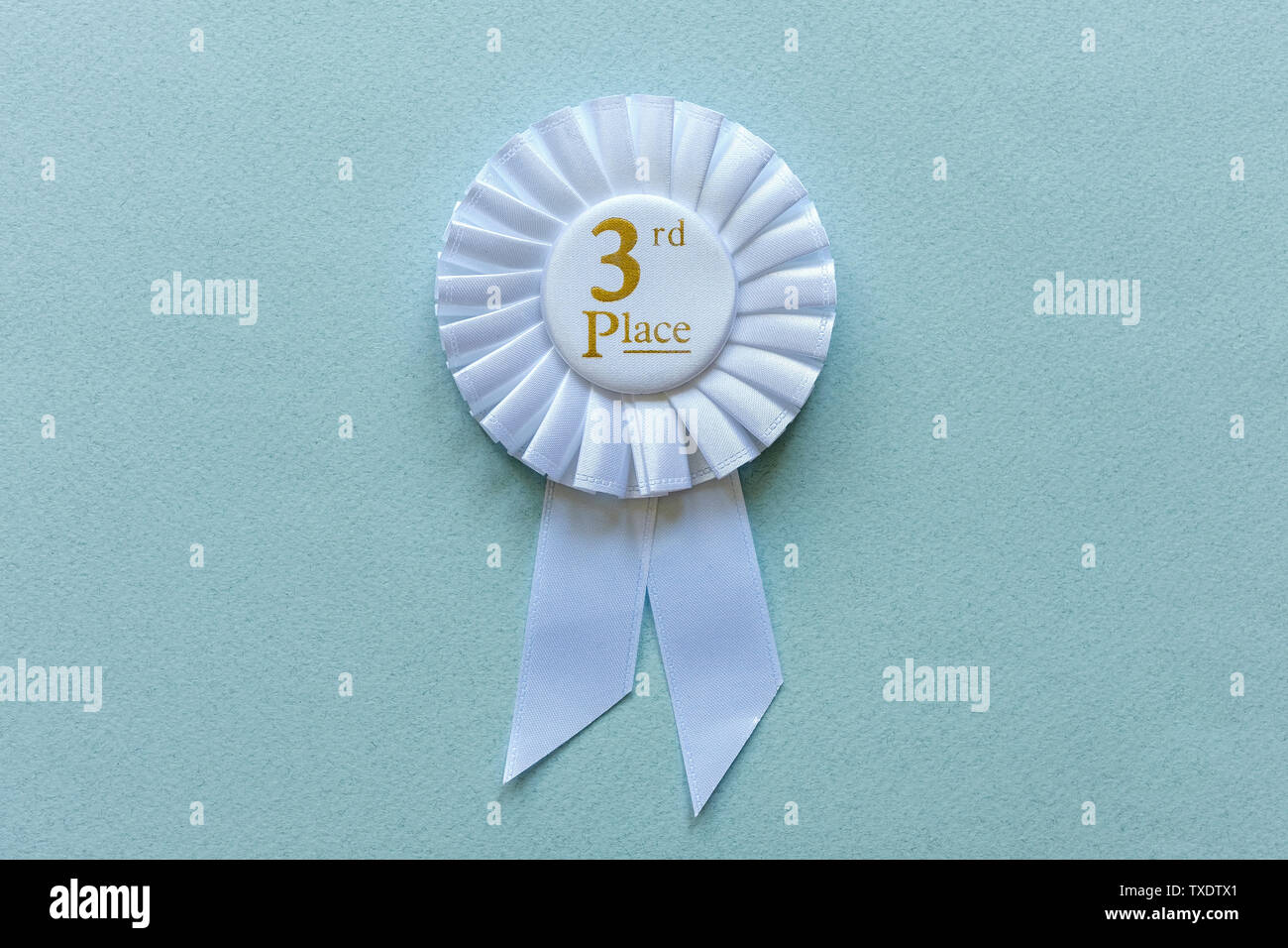 3rd Place white ribbon rosette with gold text for a competition runner ...