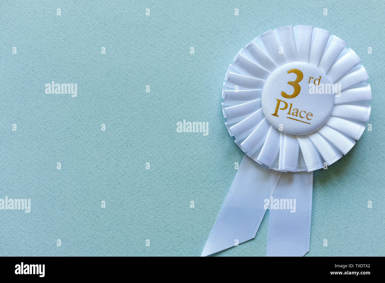 3rd Place white ribbon rosette with gold text for a competition runner ...