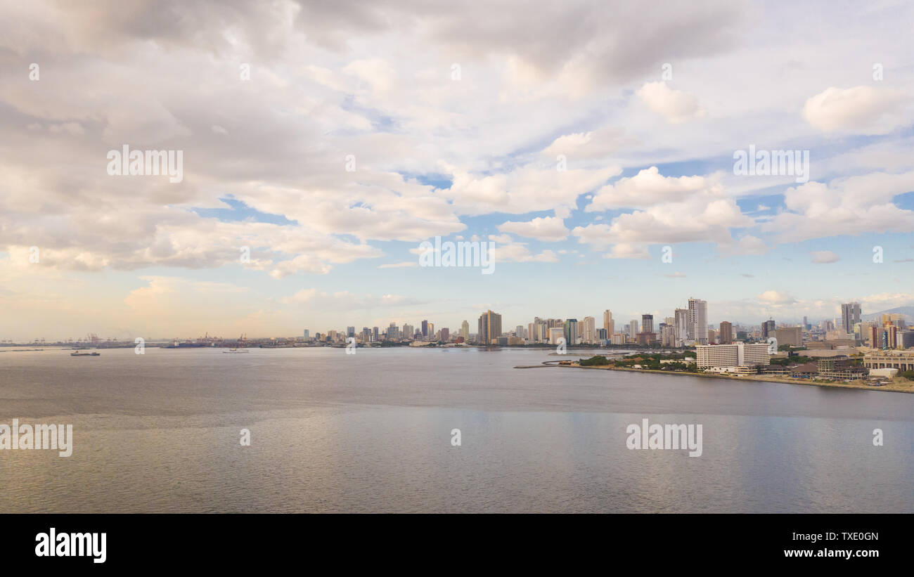 Manila city in the morning, view from above. Panorama of a large port ...