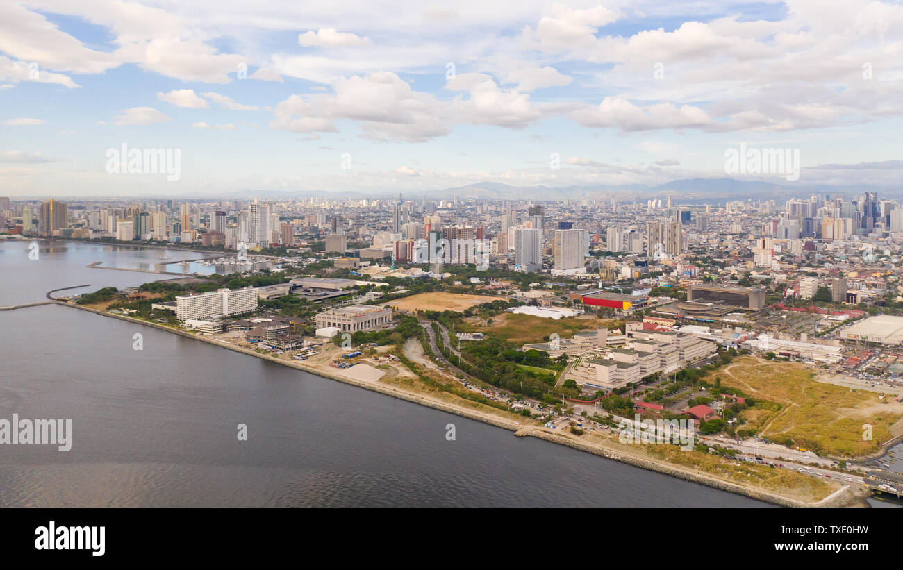 Manila city in the morning, view from above. Panorama of a large port ...