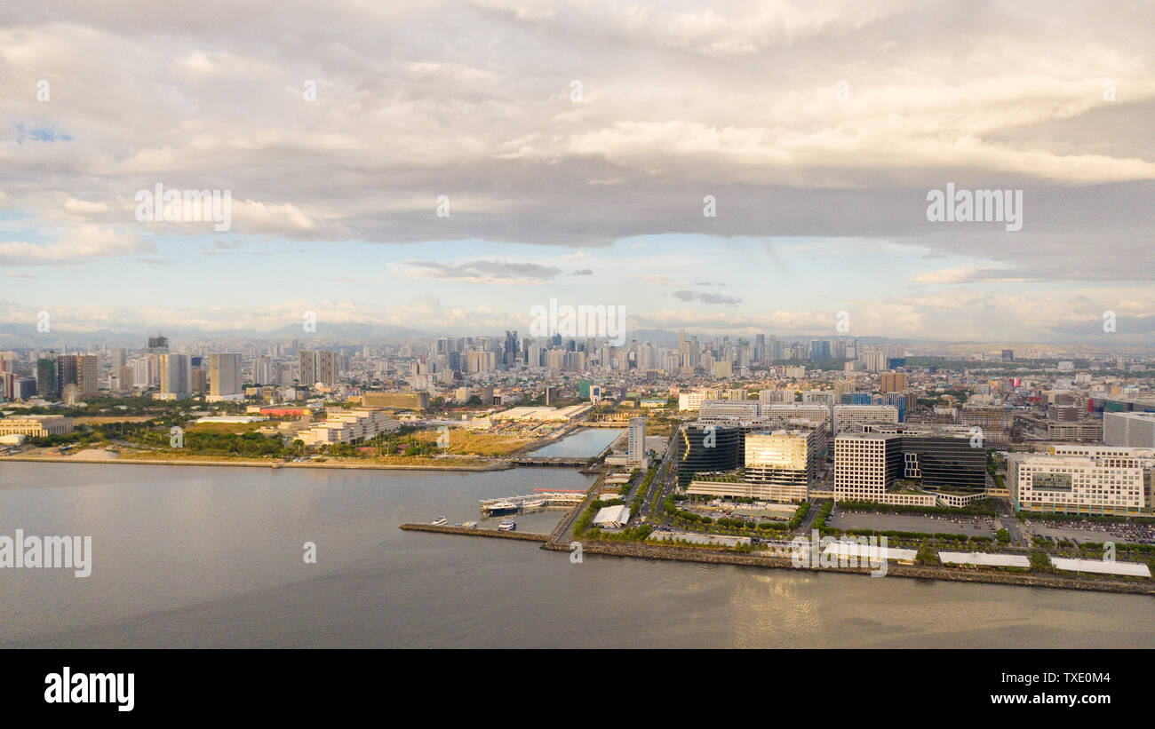 Manila city in the morning, view from above. Panorama of a large port ...