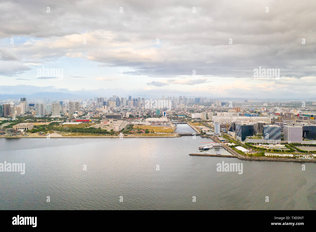 Manila city in the morning, view from above. Panorama of a large port ...