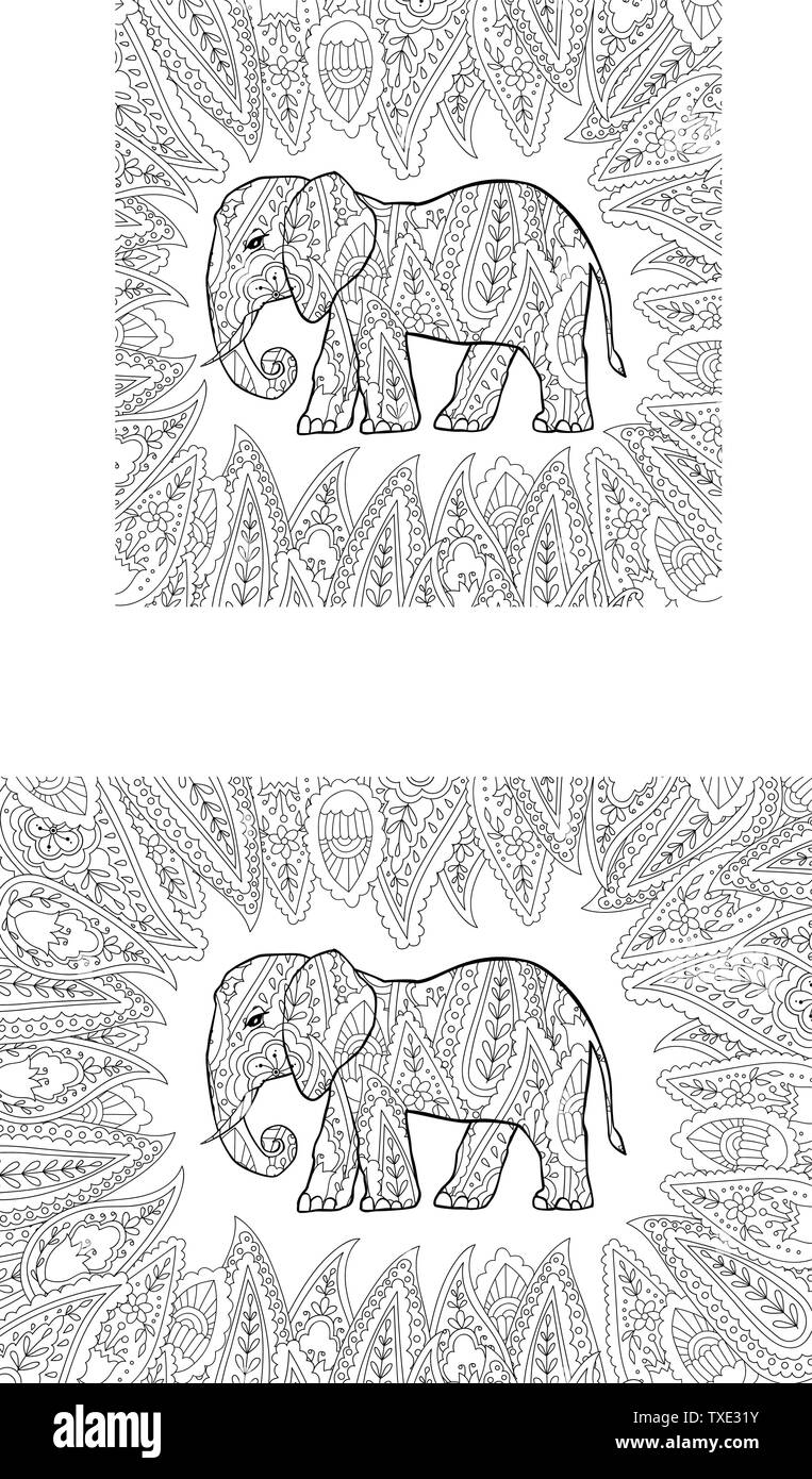 Coloring page with doodle style elephant in zentangle inspired style ...
