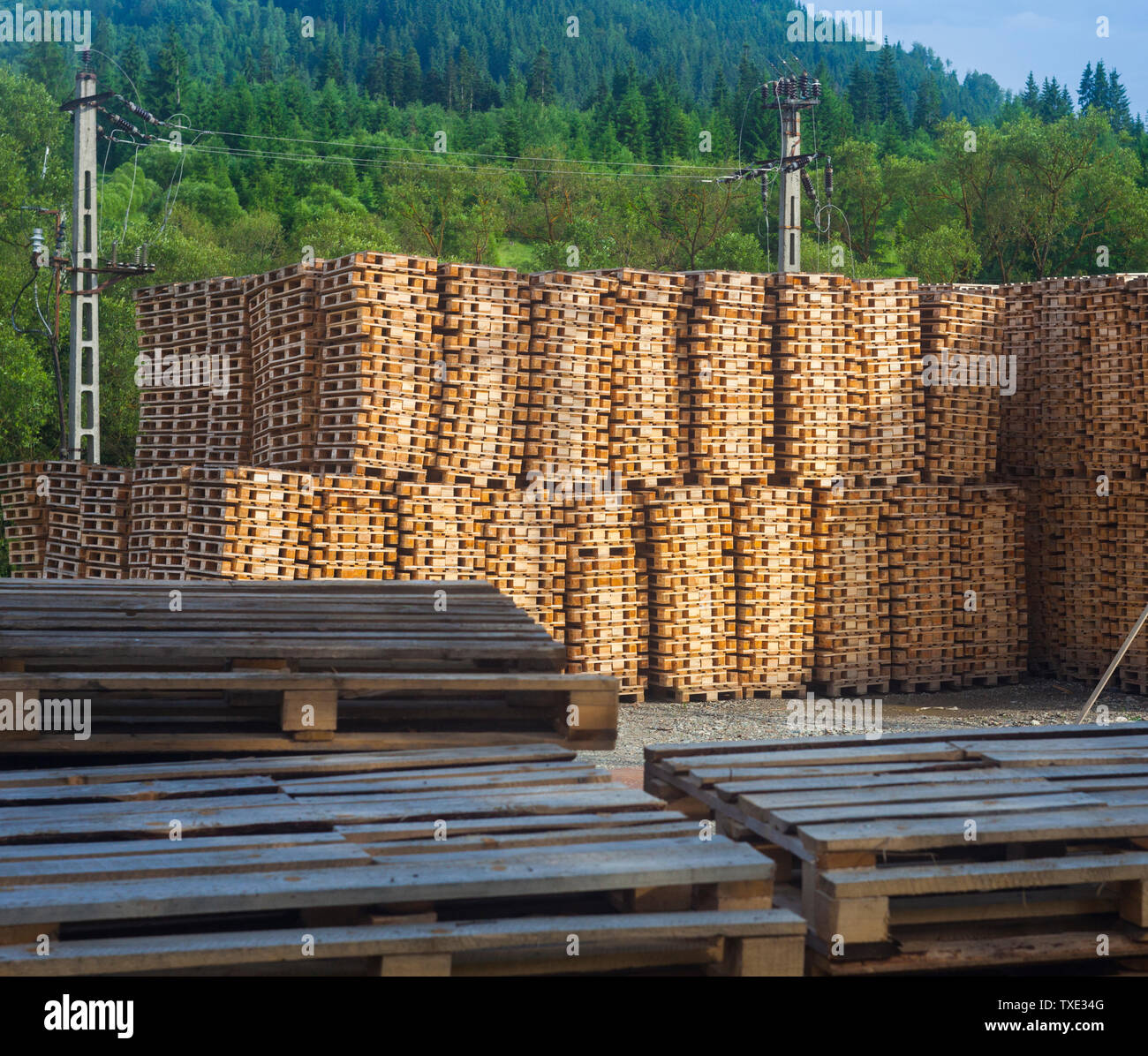 wooden pallets for goods transportation outdoor Stock Photo - Alamy