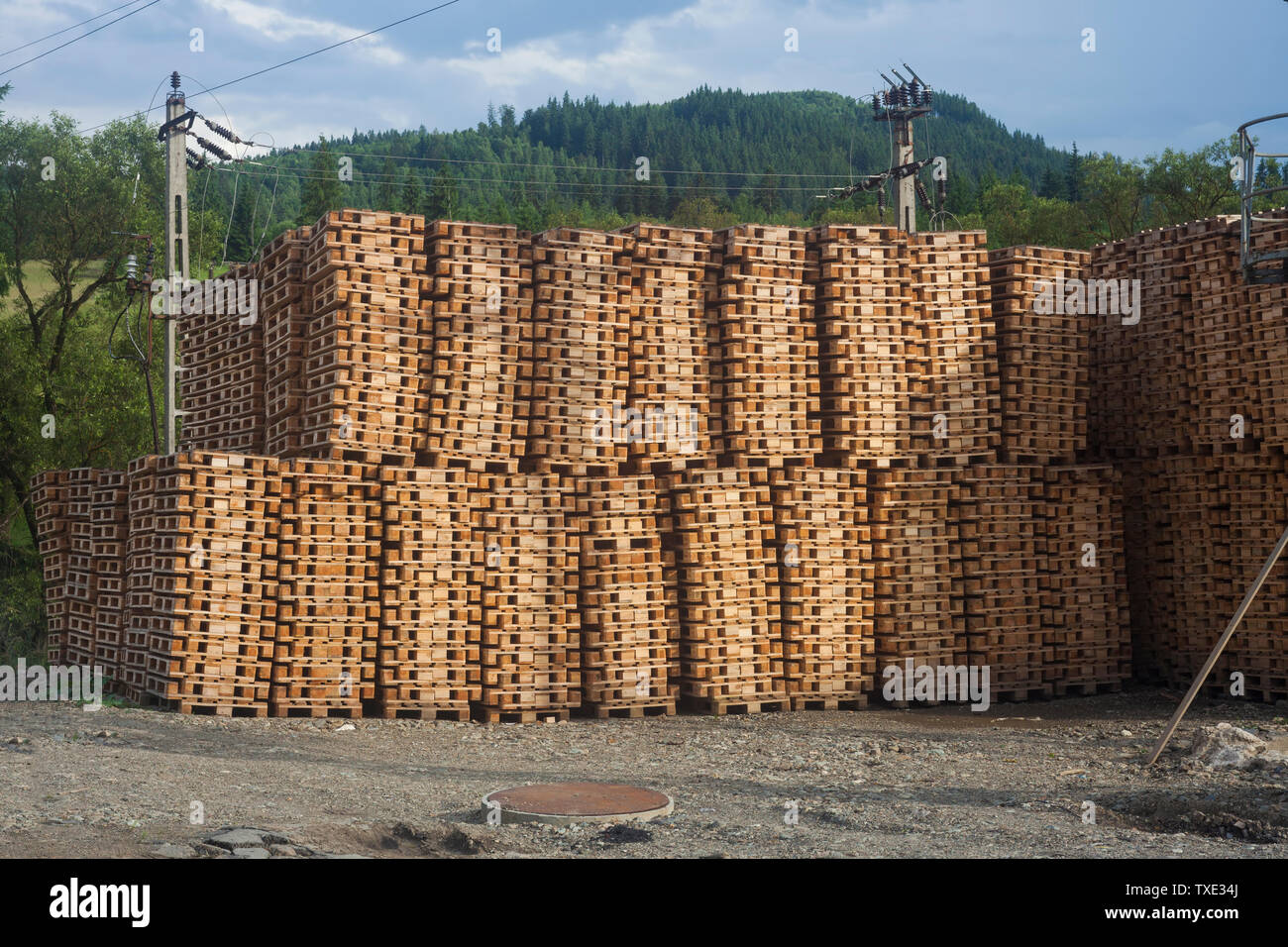 wooden pallets for goods transportation outdoor Stock Photo - Alamy
