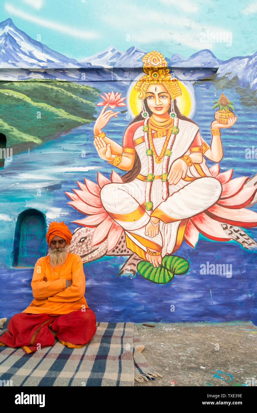Sadhu in saffron colour garments seating in front of a deity painting ...