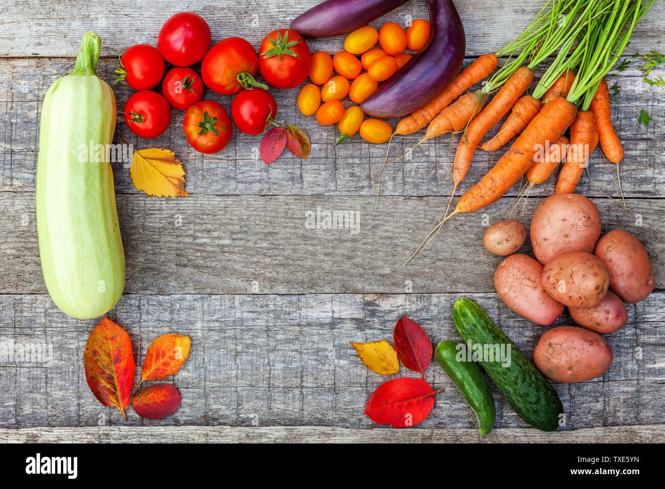 Assortment different fresh organic vegetables on country style wooden ...