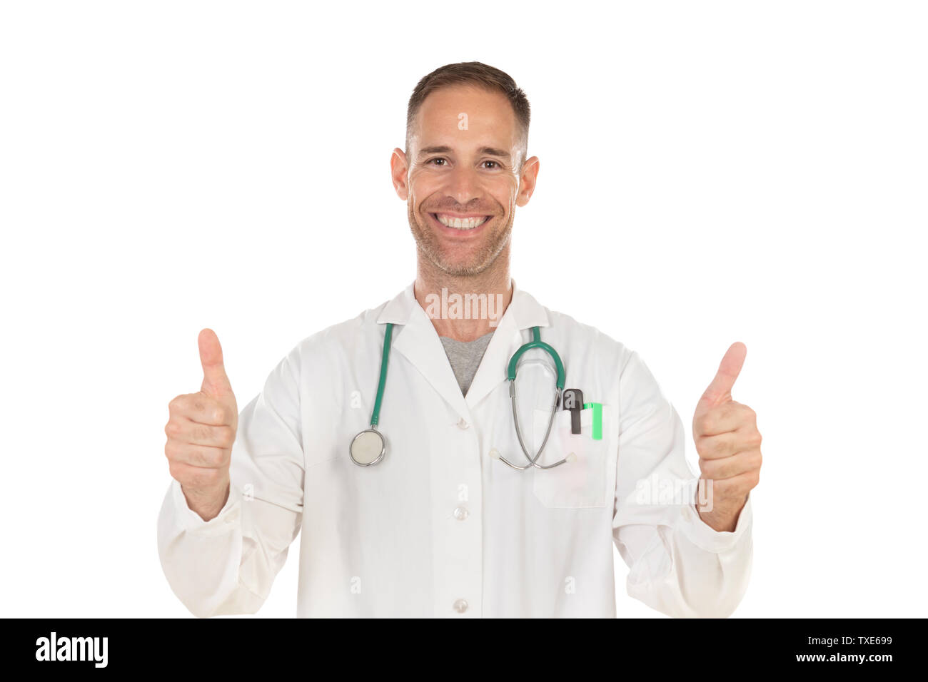 Happy young doctor saying Ok isolated on a white background Stock Photo ...