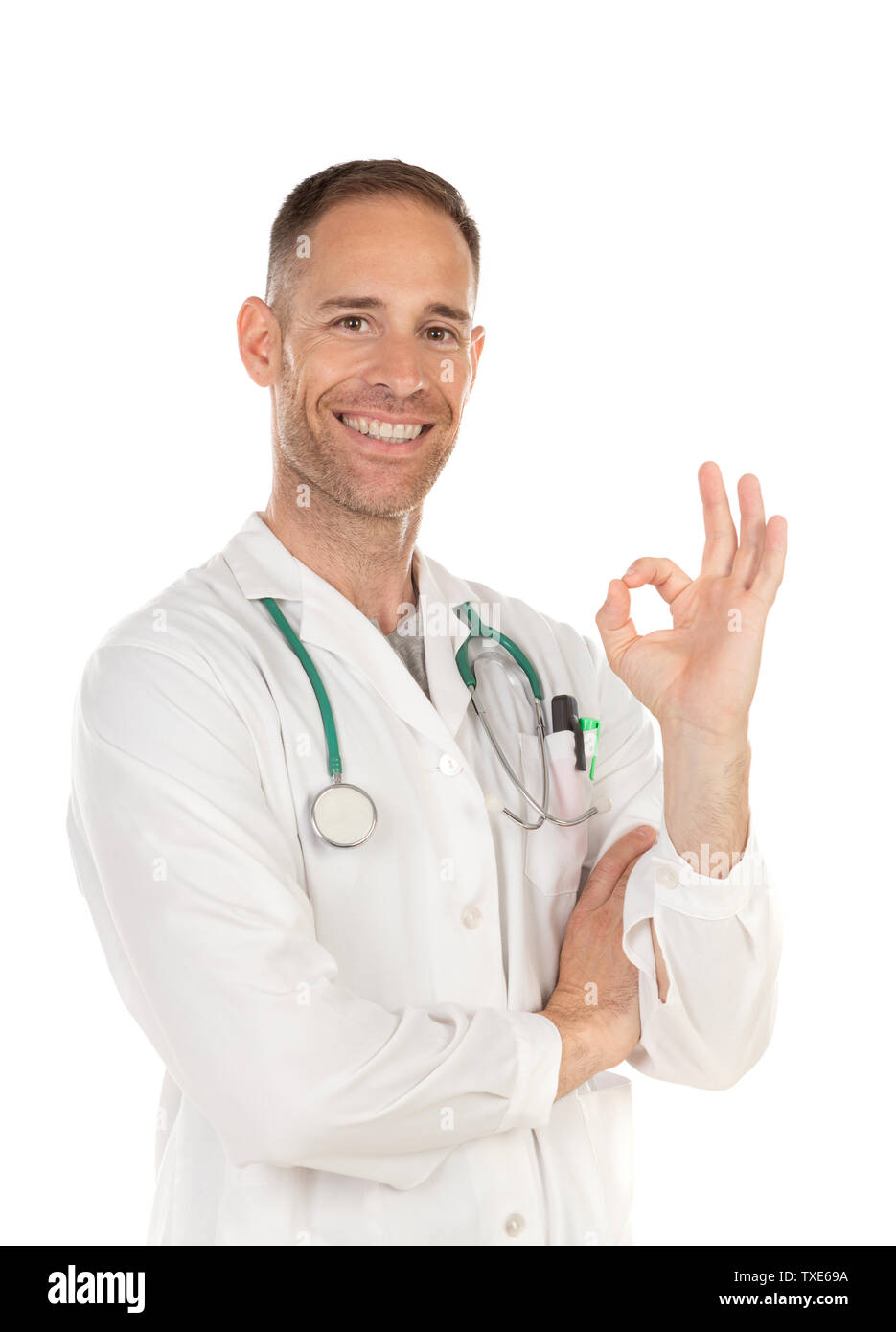 Happy young doctor saying Ok isolated on a white background Stock Photo ...