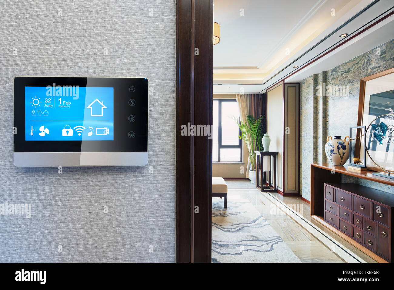 smart screen with smart home with modern living room Stock Photo - Alamy