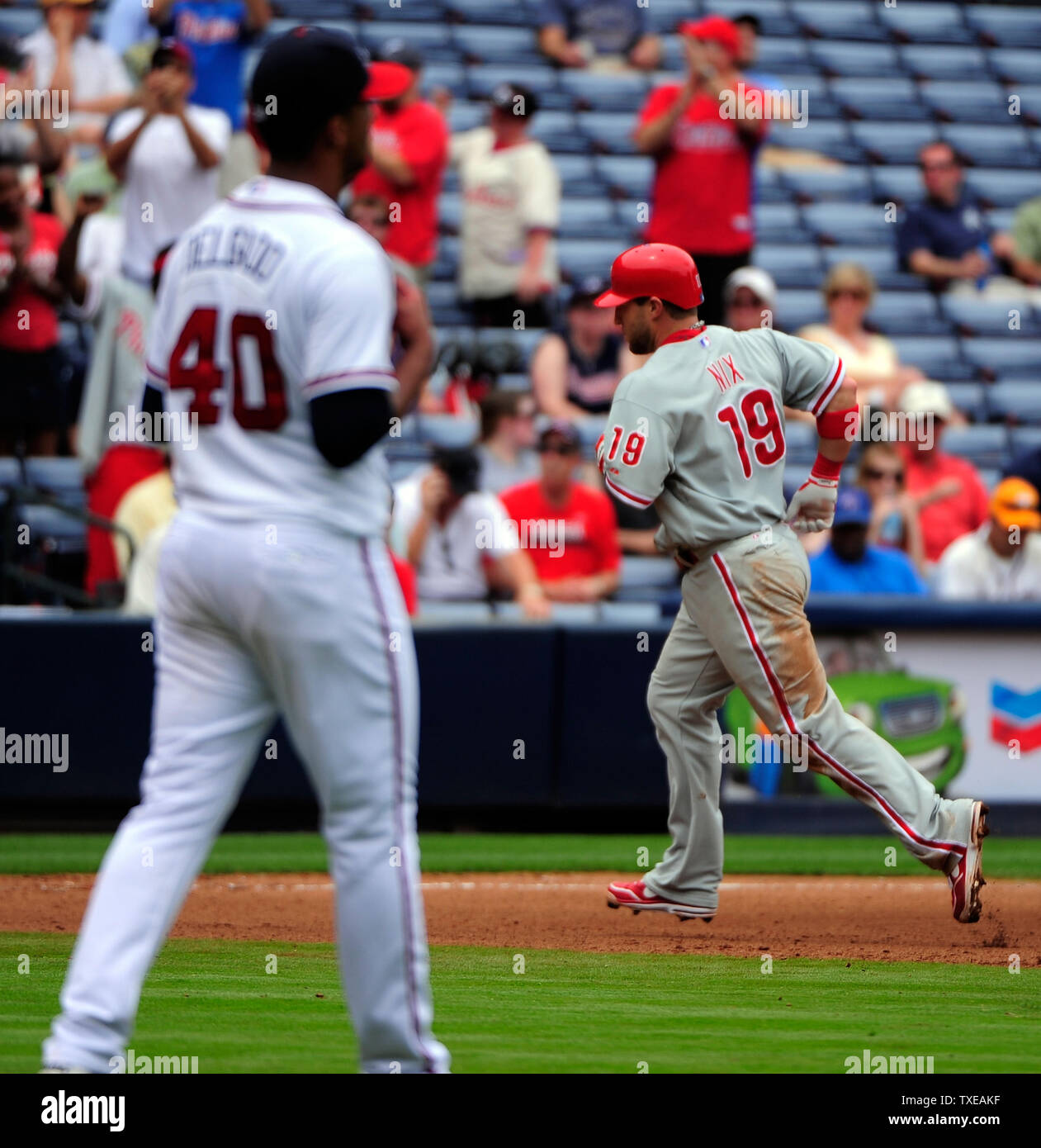 Philadelphia Phillies batter Laynce Nix (19) hits a solo home run off ...