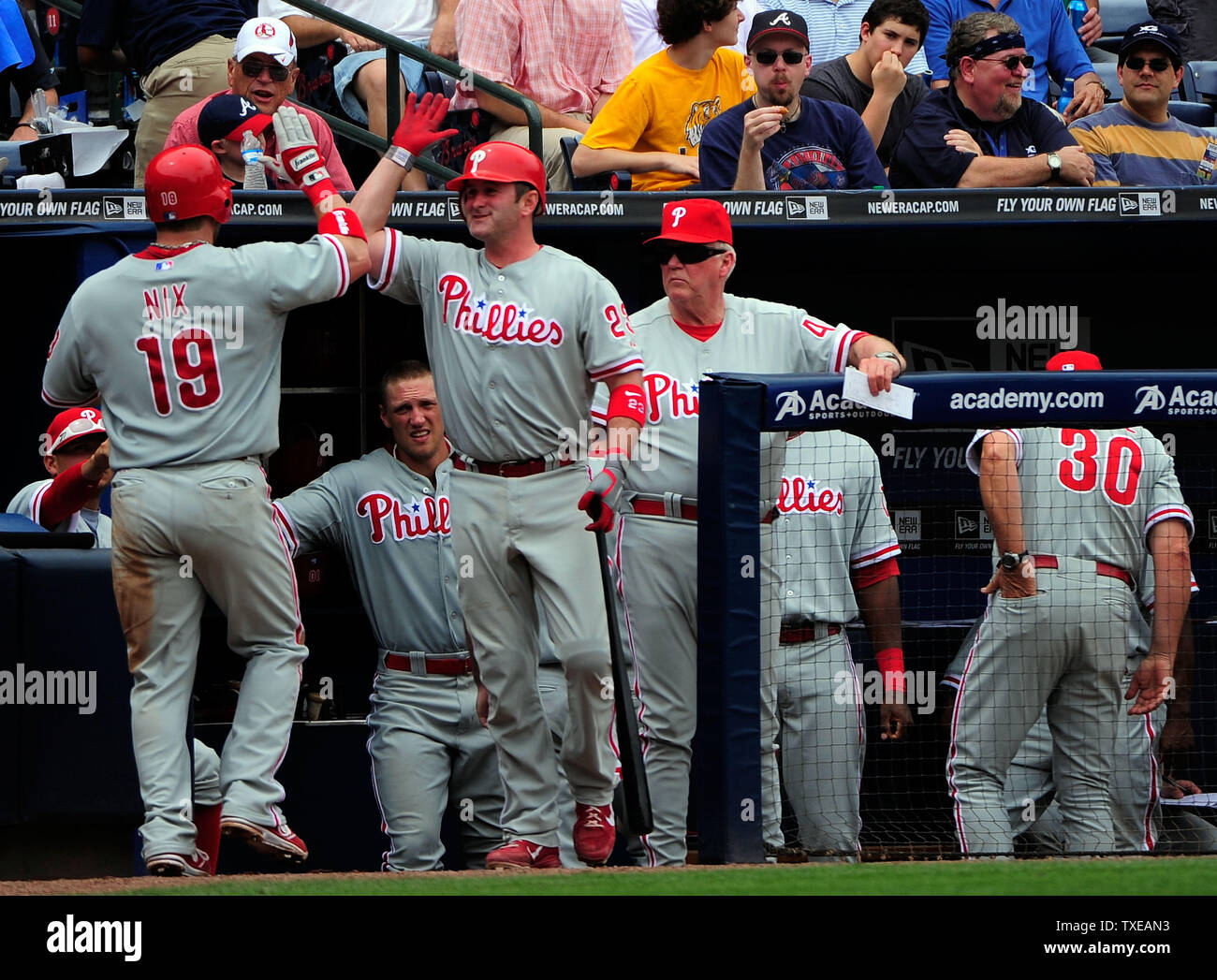Philadelphia Phillies batter Laynce Nix (19) is congratulated by ...