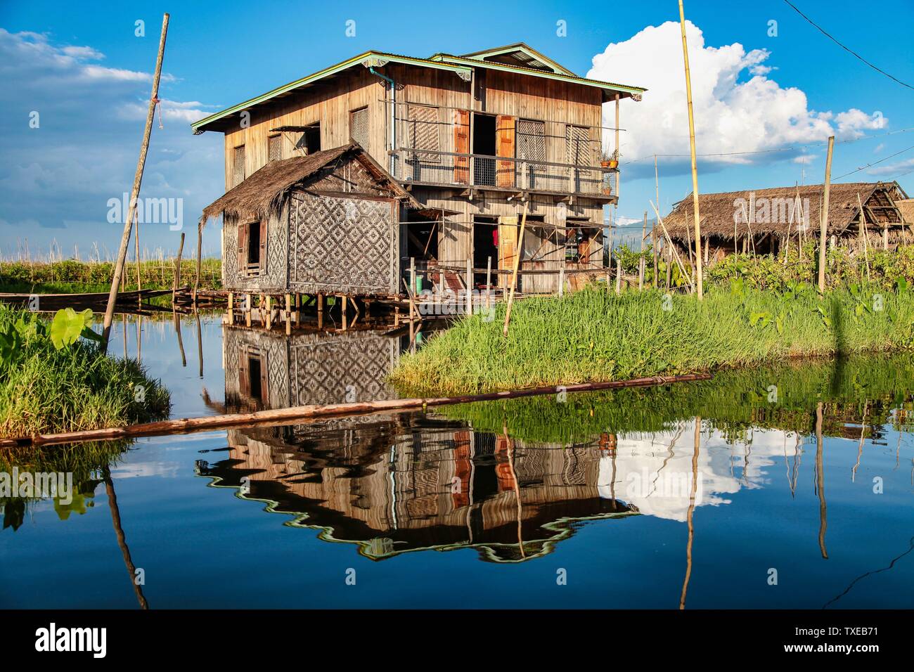 Wooden floating houses on Inle Lake in Shan, Myanmar. Inle Lake is a ...