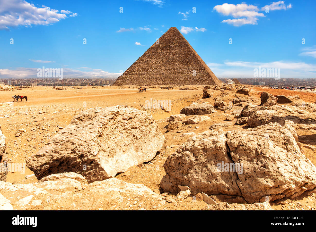 The Pyramid of Cheops and stones in the desert of Giza, Egypt Stock ...