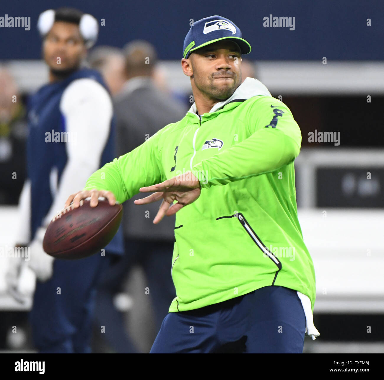 Seattle Seahawks quarterback Russell Wilson warms up prior to facing ...