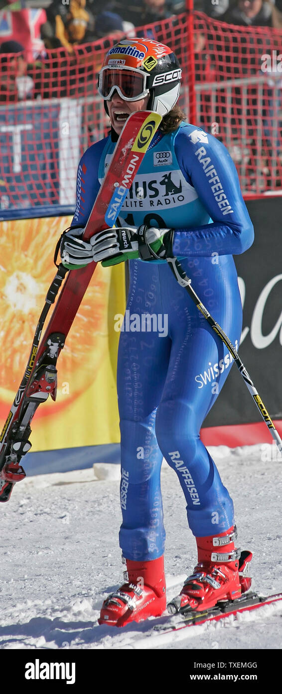 Switzerland's Nadia Styger looks at her winning time at the women's ...