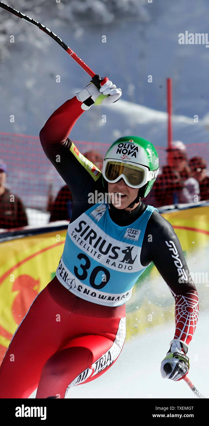Austria's Michaela Dorfmeister celebrates her second place finish at ...