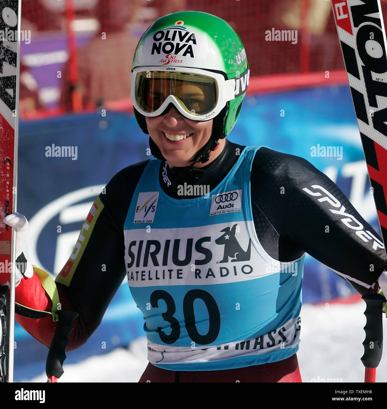 Austria's Michaela Dorfmeister smiles after finishing second at the ...