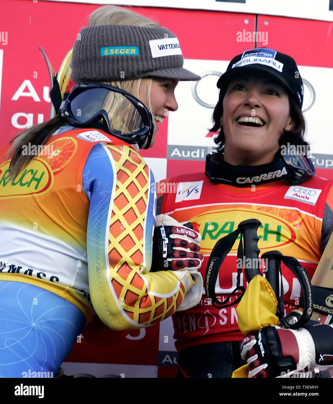 Sweden's Anja Paerson (L), second place finisher, congratulates winner ...