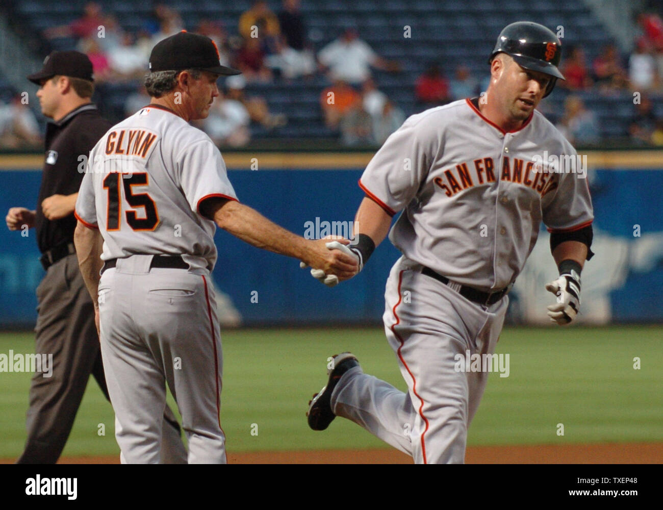 San Francisco Giants Shea Hillenbrand receives congratulations from his ...