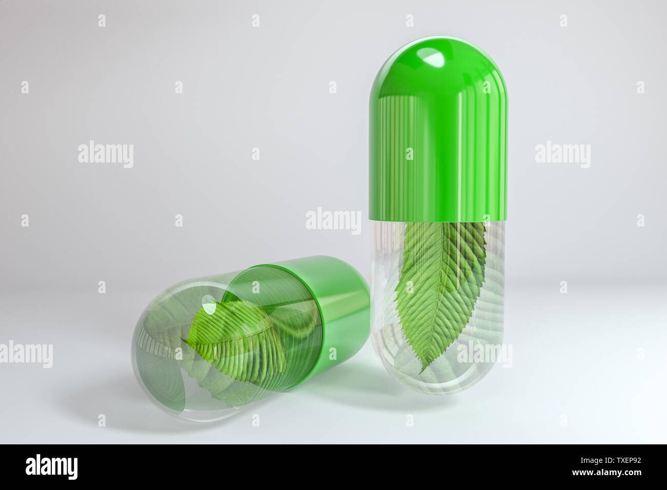 Three dimensional rendering, green capsule with pure white background ...