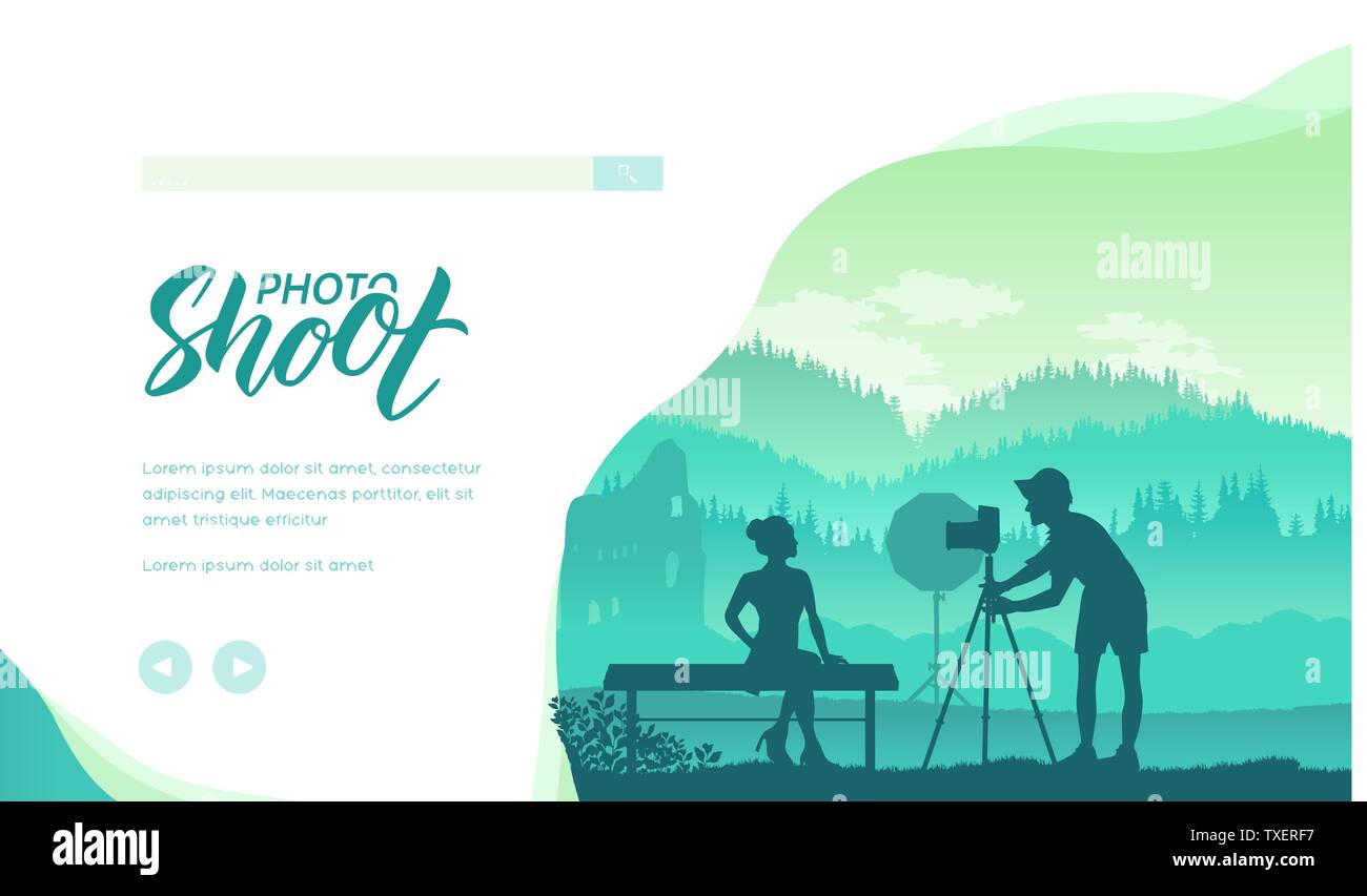 Photoshoot vector landing page template. Female model posing for photo ...