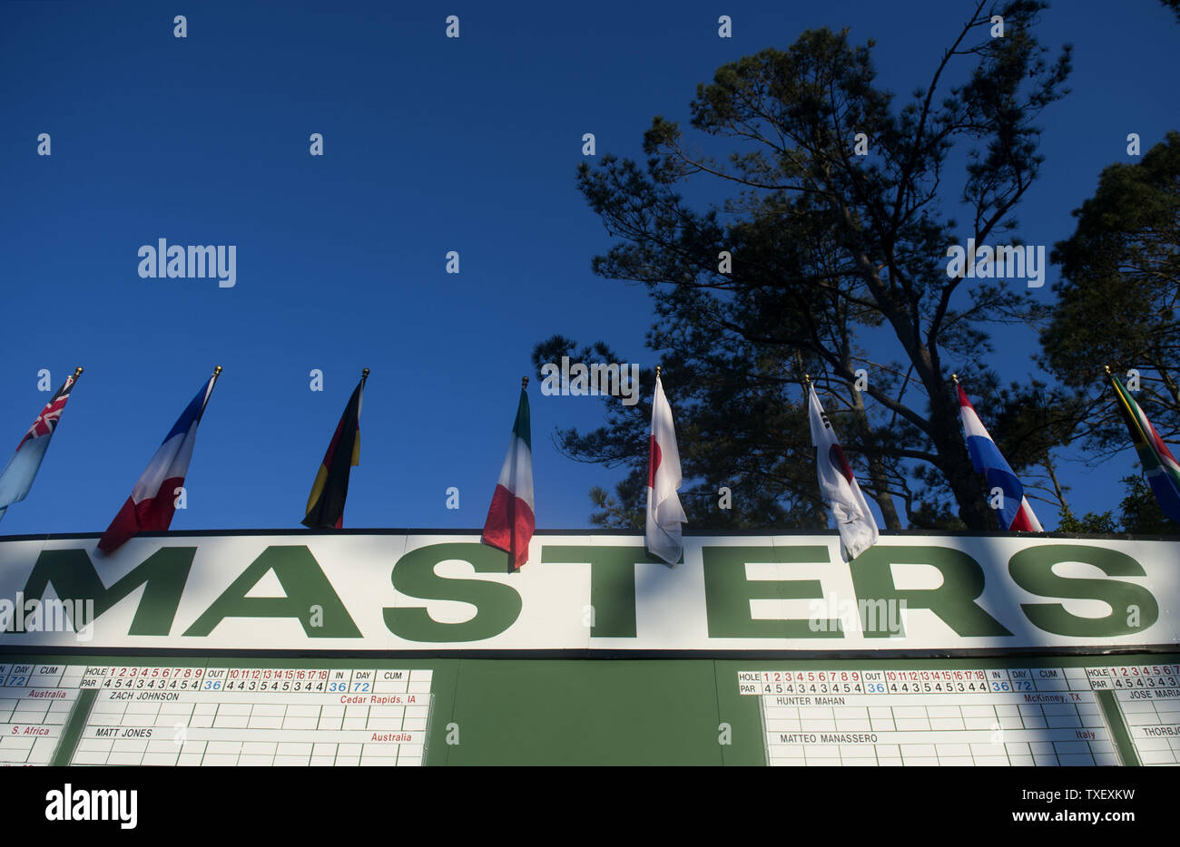 The scoreboard is seen on the first round of the 2014 Masters ...