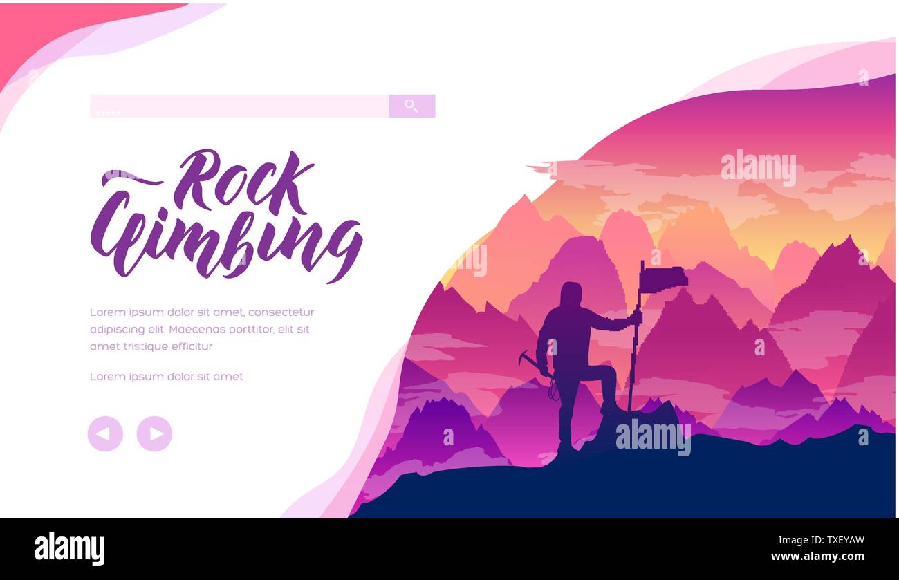 Rock climbing vector landing page template. Extreme sports, activities ...