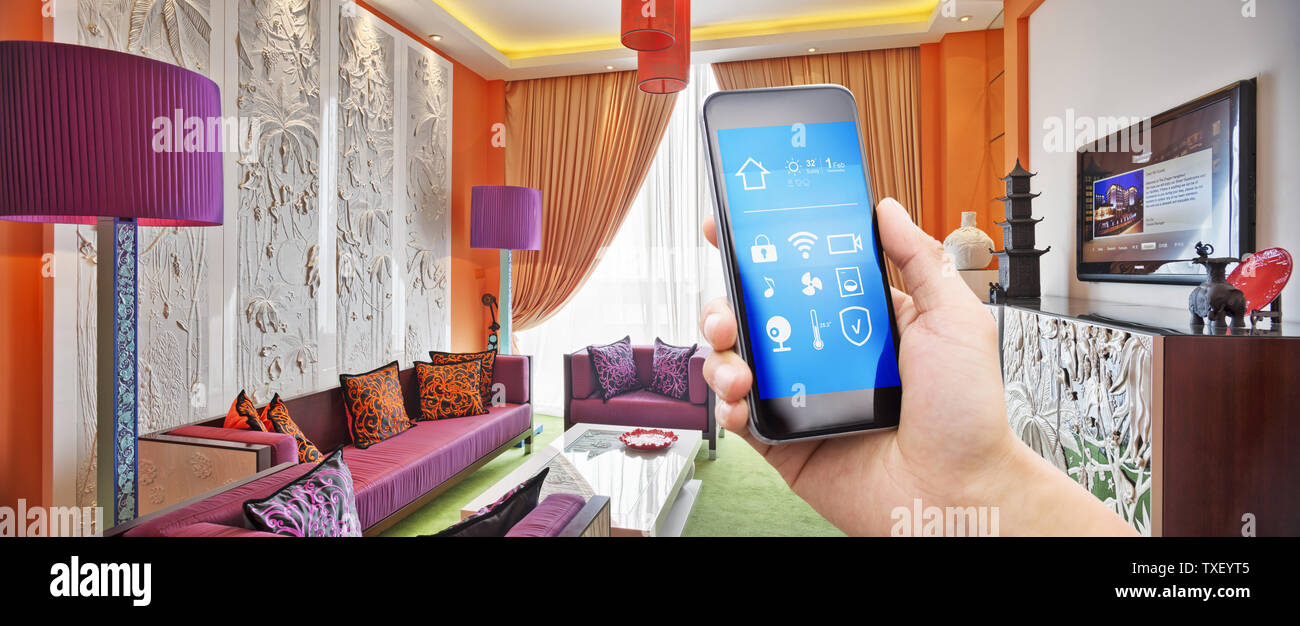 smart phone with smart home with modern living room Stock Photo - Alamy