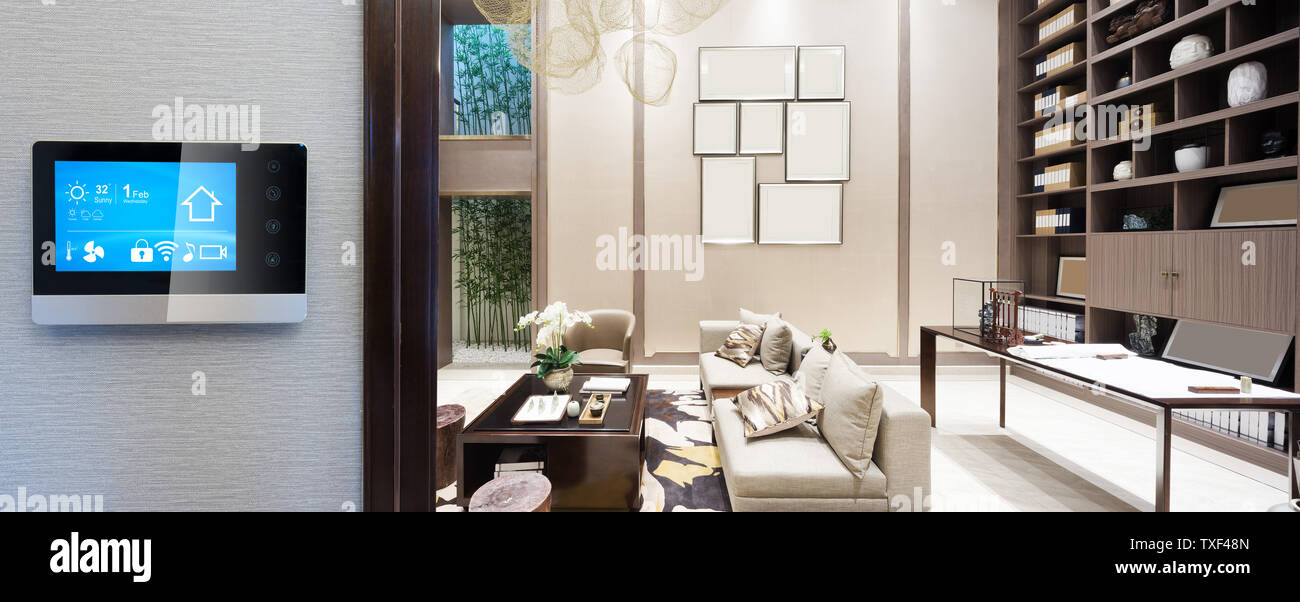 smart screen with smart home with modern living room Stock Photo - Alamy