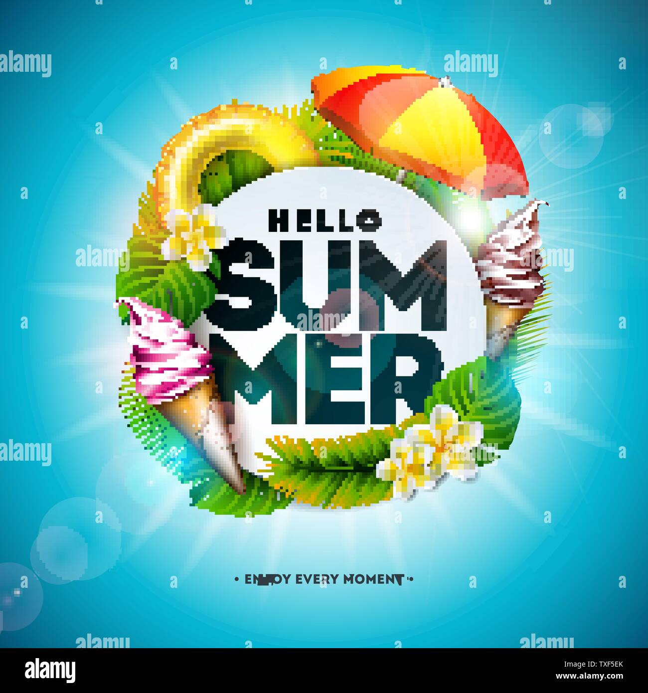 Vector Summer Holiday Illustration with Flower and Tropical Palm Leaves ...