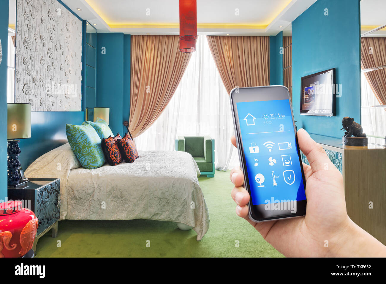 smart phone with smart home with modern bedroom Stock Photo - Alamy