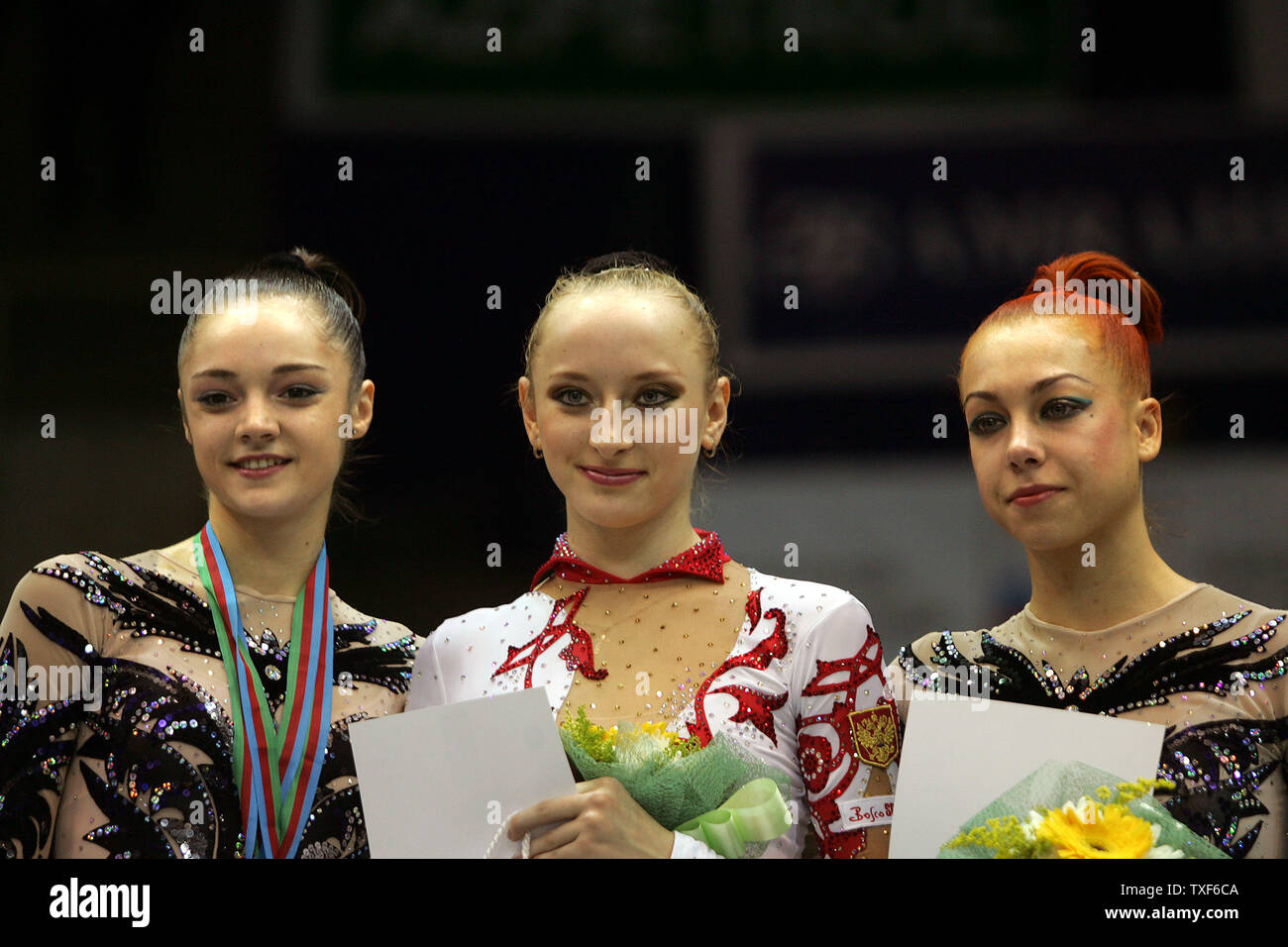 Ribbon individual final medalists (L-R) Anna Bessonova of Ukraine ...