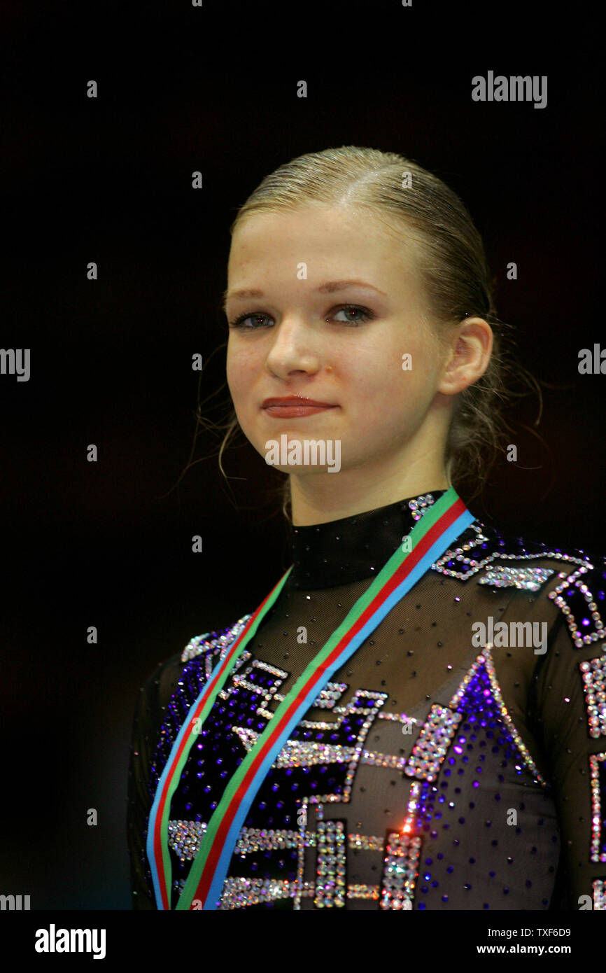 Olga Kapranova of Russia stands on the winners podium after winning ...